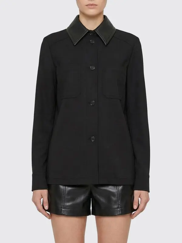 Sportmax Cotton Blend Shirt Jacket With Leather Collar - Black