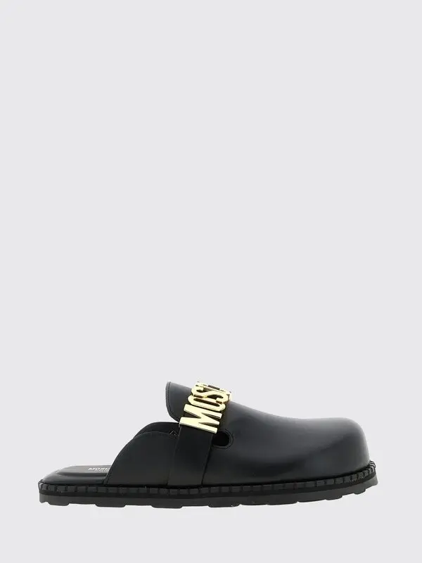 Moschino Leather Mules With Metallic Logo - Black