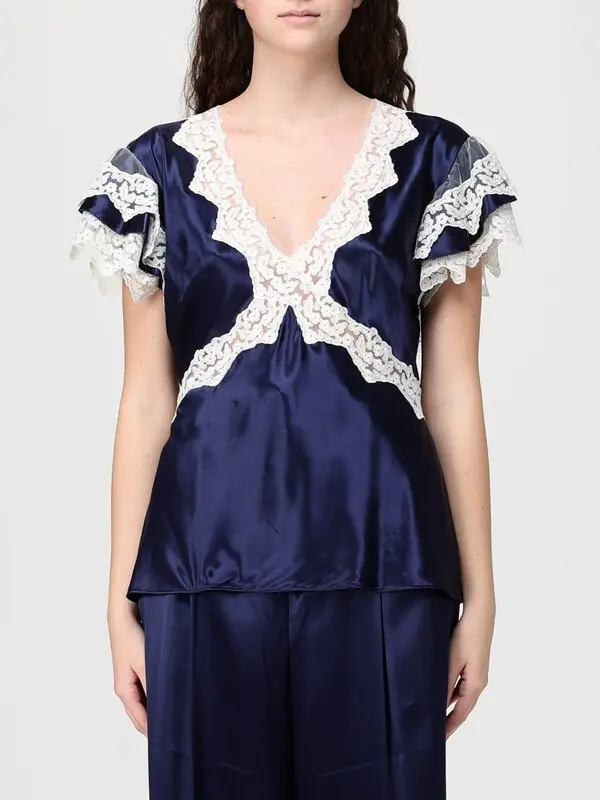 Alberta Ferretti Satin Blouse With Lace Inserts - Blue
