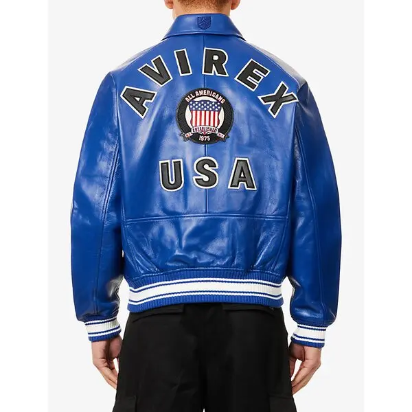AVIREX Leather Bomber Jacket With Appliquéd Patches