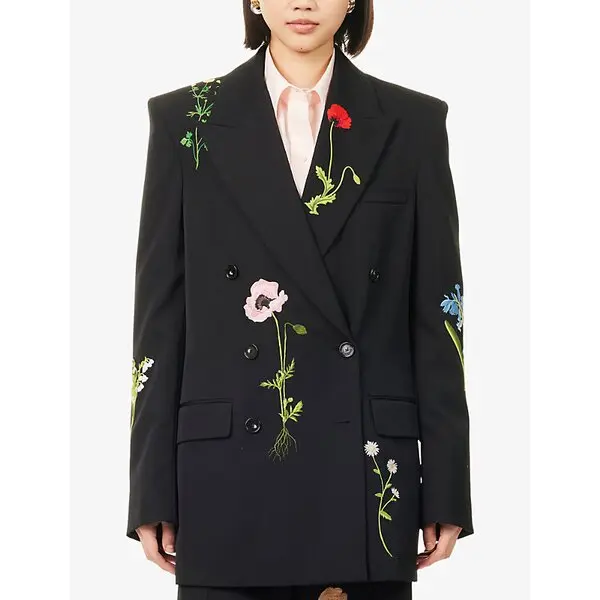 Stella McCartney Floral-embroidered Double-breasted Wool Blazer - Black