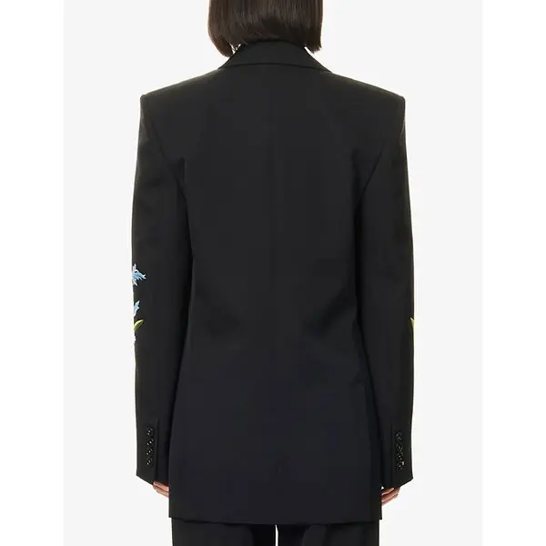Stella McCartney Floral-embroidered Double-breasted Wool Blazer - Black