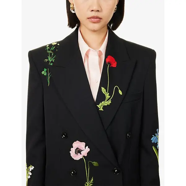 Stella McCartney Floral-embroidered Double-breasted Wool Blazer - Black