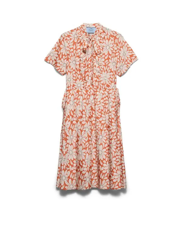 Prada Printed Pleated Pongé Shirtdress - Orange