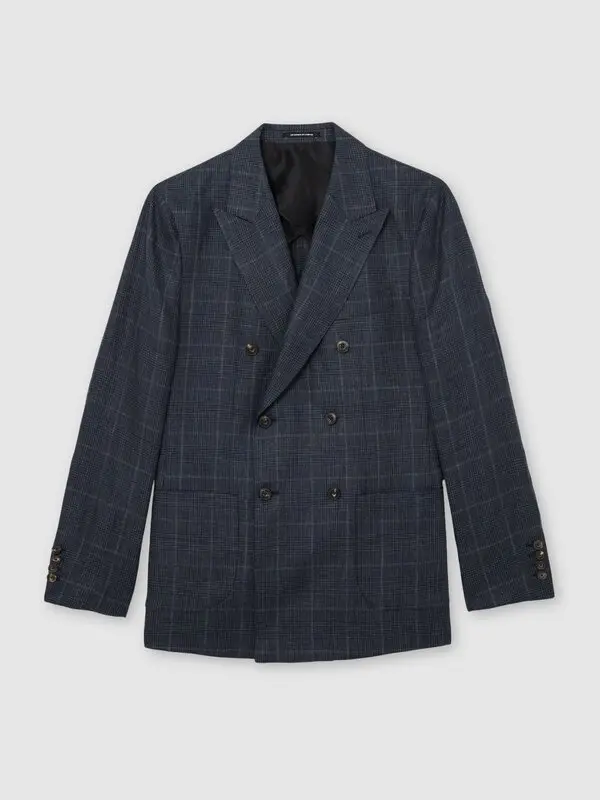 REISS Adoro Linen Check Double-breasted Tailored-fit Blazer