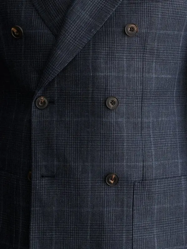 REISS Adoro Linen Check Double-breasted Tailored-fit Blazer