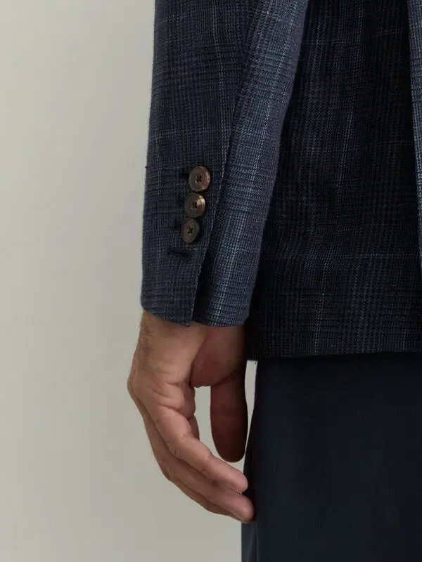 REISS Adoro Linen Check Double-breasted Tailored-fit Blazer