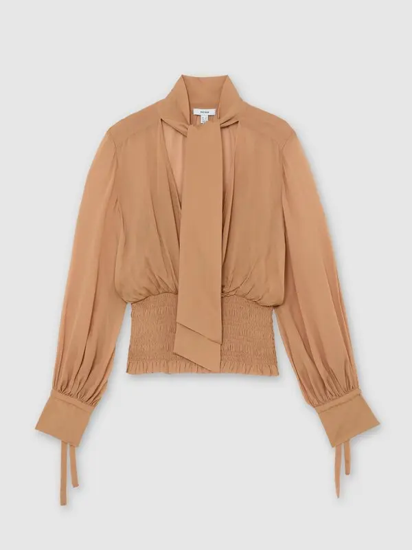 REISS Phoebe Tie-neck Shirred Blouse