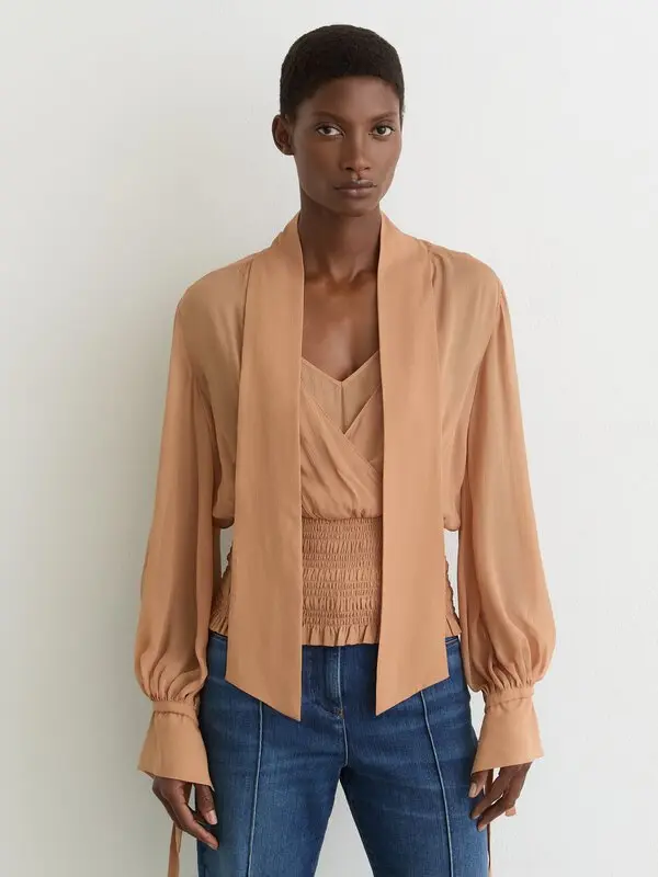 REISS Phoebe Tie-neck Shirred Blouse