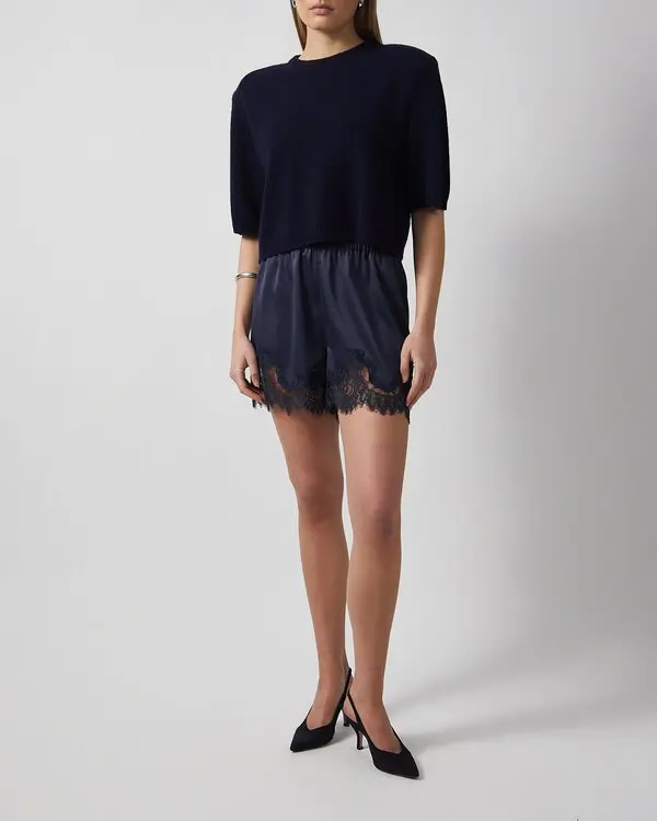 WAKAKUU Lola Lace Trimmed Satin Shorts - Navy