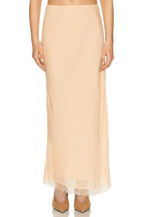 HELSA Viscose Satin Slip Skirt With Lace - Fawn