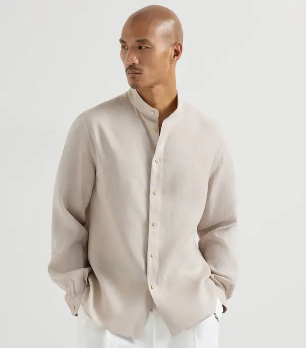 Brunello Cucinelli Linen Mandarin Collar Shirt
