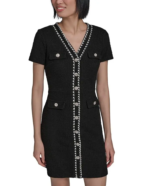 Karl Lagerfeld Paris Beaded Trim Knit Tweed Sheath Dress - Black