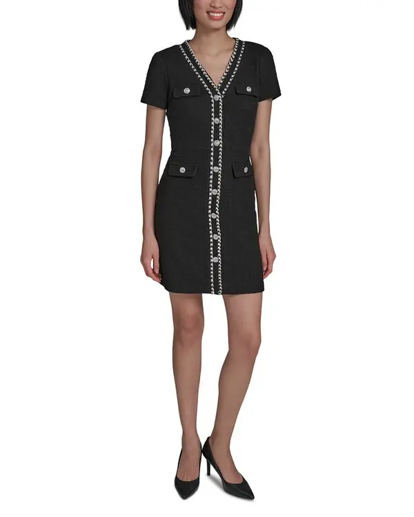 Karl Lagerfeld Paris Beaded Trim Knit Tweed Sheath Dress - Black