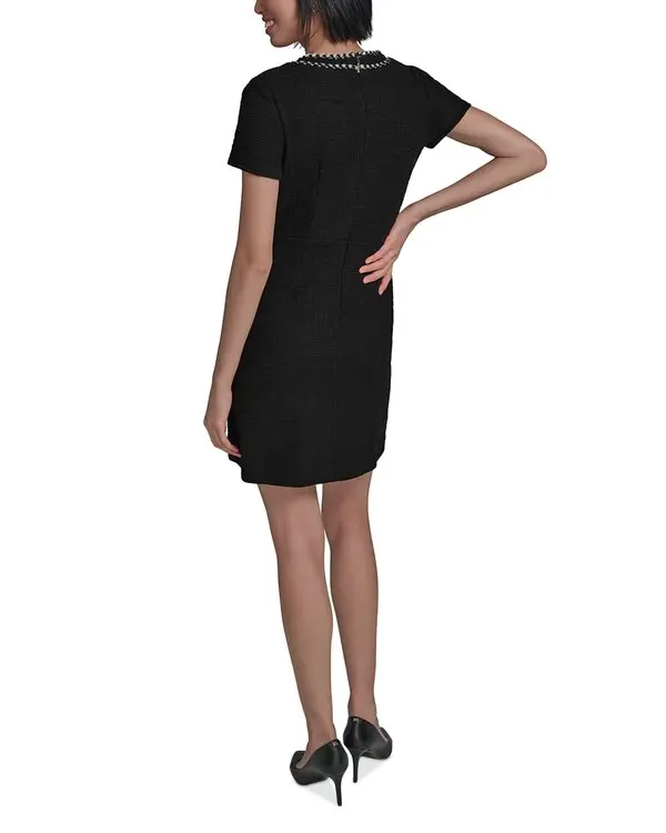 Karl Lagerfeld Paris Beaded Trim Knit Tweed Sheath Dress - Black