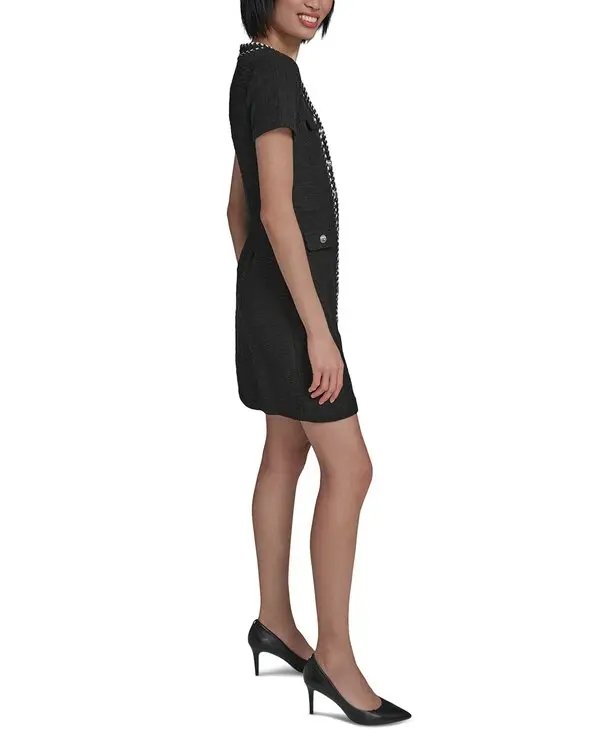 Karl Lagerfeld Paris Beaded Trim Knit Tweed Sheath Dress - Black