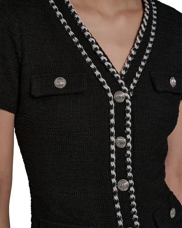 Karl Lagerfeld Paris Beaded Trim Knit Tweed Sheath Dress - Black