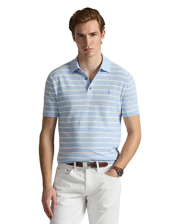 Polo Ralph Lauren Striped Cotton Linen Polo Collar Sweater - Blue Combo