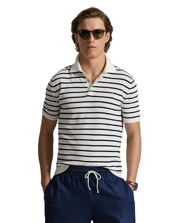 Polo Ralph Lauren Striped Cotton Linen Polo Collar Sweater - White