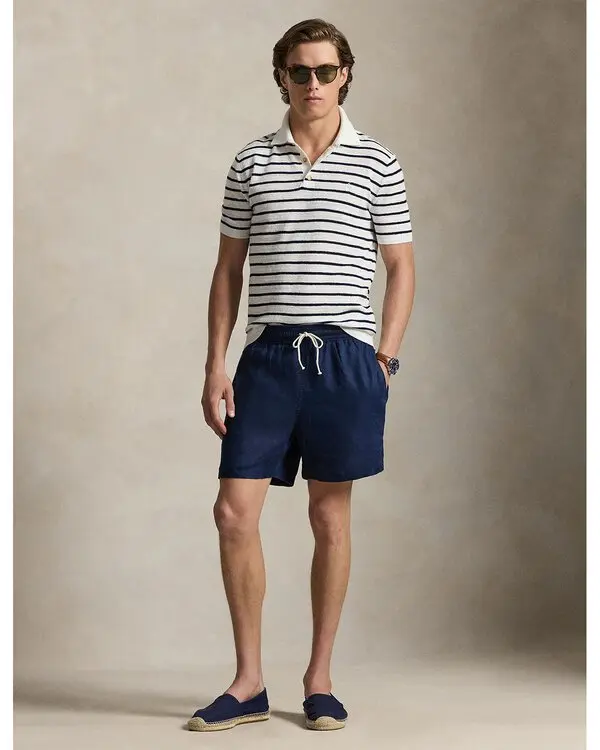 Polo Ralph Lauren Striped Cotton Linen Polo Collar Sweater - White