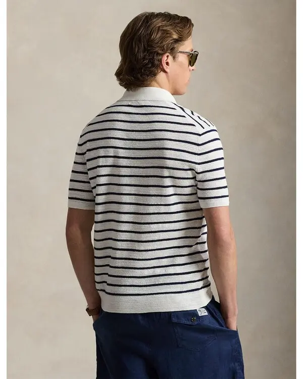 Polo Ralph Lauren Striped Cotton Linen Polo Collar Sweater - White