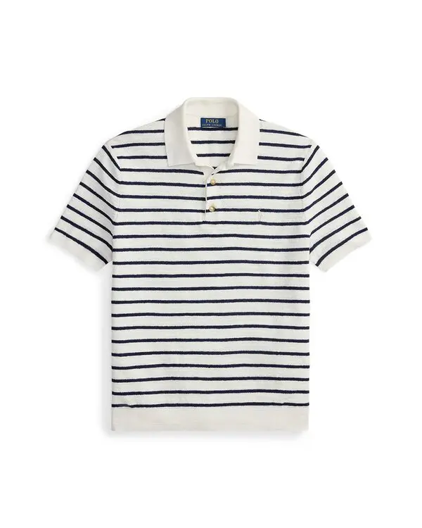 Polo Ralph Lauren Striped Cotton Linen Polo Collar Sweater - White