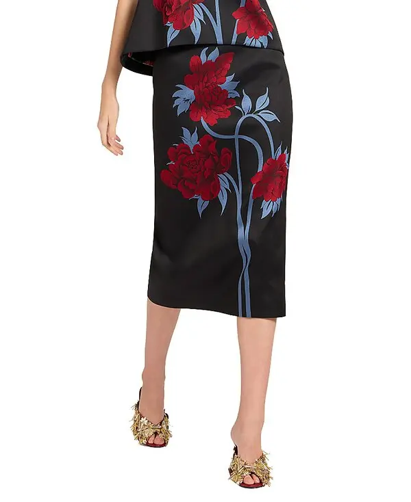 La DoubleJ Printed Pencil Skirt - Peonies Jacquard Blue
