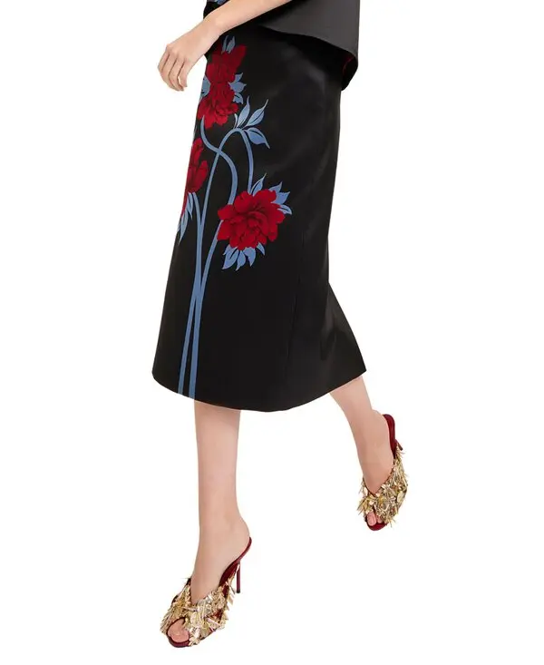 La DoubleJ Printed Pencil Skirt - Peonies Jacquard Blue