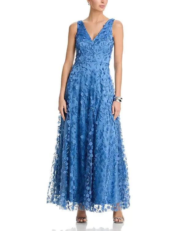 Eliza J Floral Appliqued V-neck Gown - Slate
