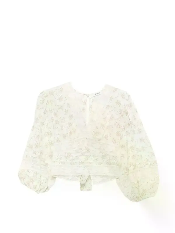 Sandro Floral Print Lace Detail V-neck Cropped Top - Green