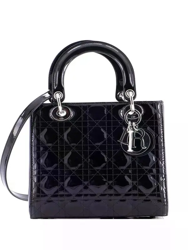 Dior Lady Cannage Quilt Patent Medium Satchel - Black