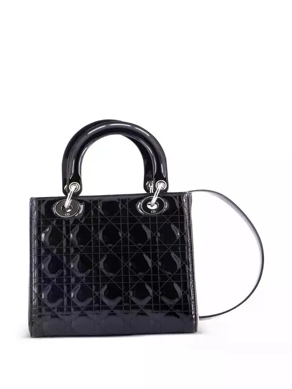 Dior Lady Cannage Quilt Patent Medium Satchel - Black