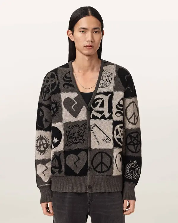 ALLSAINTS Barker Jacquard Cotton Knit Cardigan - Brown/black