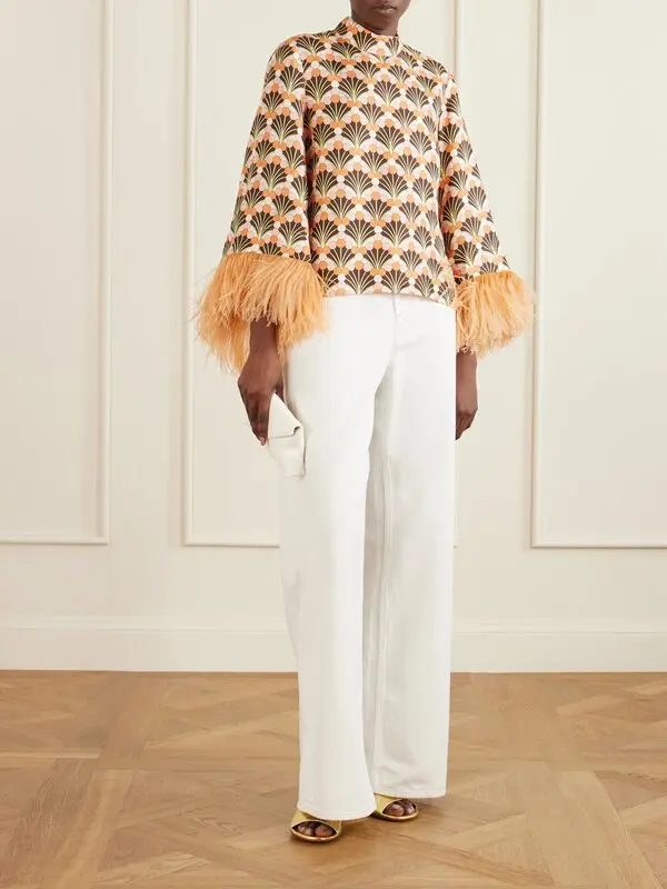 La DoubleJ Make An Exit Feather-trimmed Top - Orange