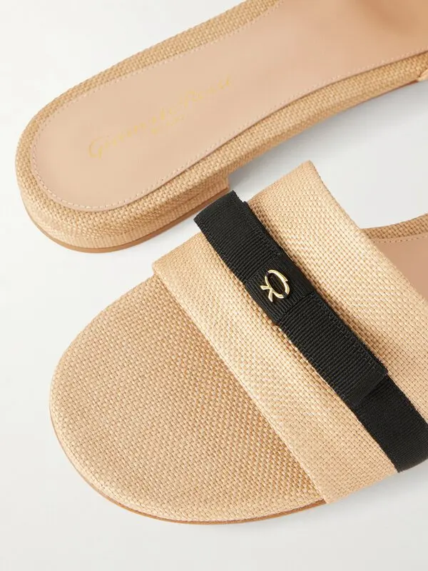GIANVITO ROSSI Grosgrain-trimmed Raffia Slides