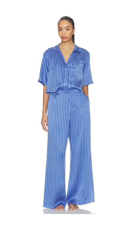 Lunya Washable Silk High Rise Pajama Set In Blue - Coastal Stripe