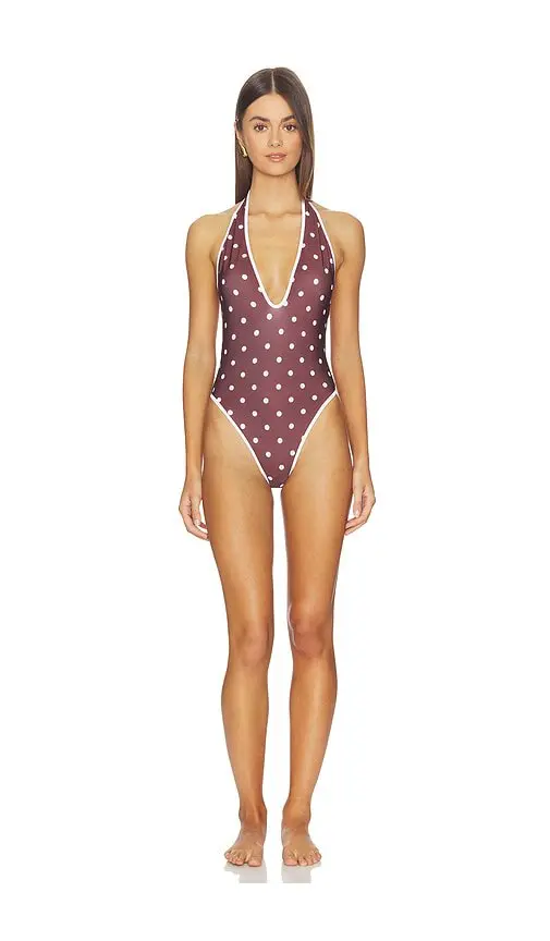 ROWEN ROSE V Neck Backless Swimsuit - Brown Polka Dots