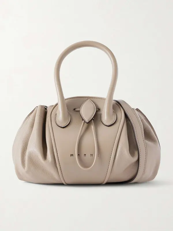 Marni Tulipea Ruched Leather Shoulder Bag - Beige