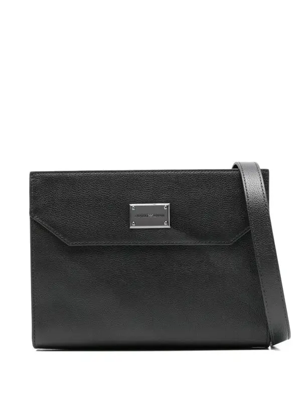 Emporio Armani Leather Messenger Bag With Logo Plaque - Black