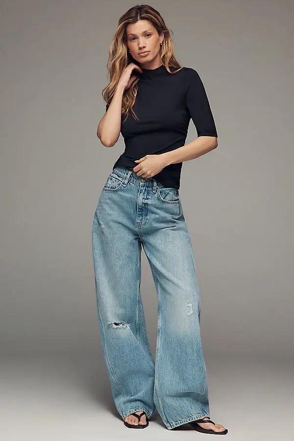 Anthropologie Ruched Three-quarter Sleeve Top - Black