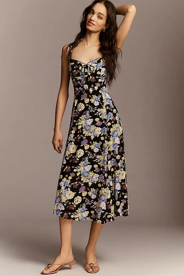 Maeve Printed Sweetheart Midi Dress - Black Floral