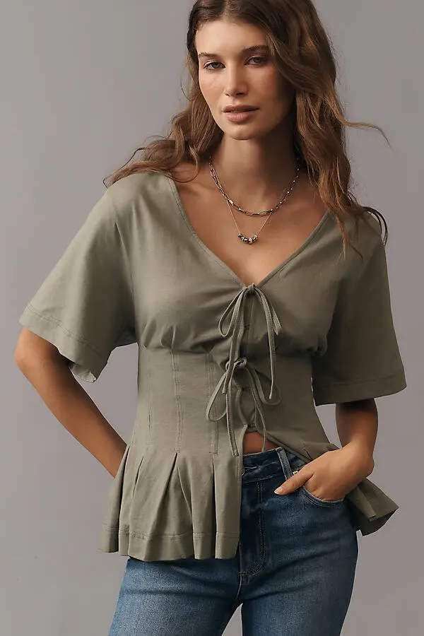 Anthropologie Waisted Tie-front Top - Sea Spray