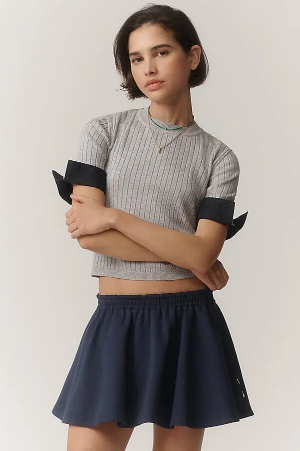 Maeve Fitted Mixed-media Denim Cuffed Short-sleeve Sweater - Grey