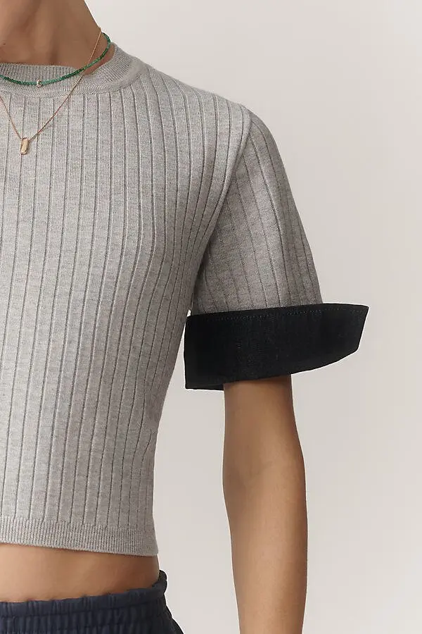 Maeve Fitted Mixed-media Denim Cuffed Short-sleeve Sweater - Grey