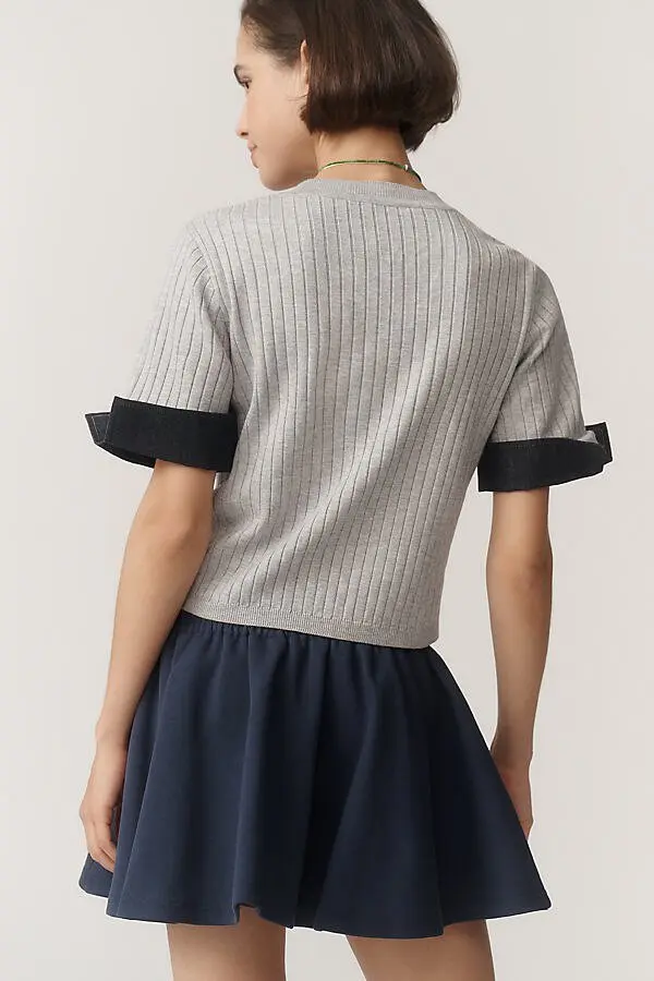 Maeve Fitted Mixed-media Denim Cuffed Short-sleeve Sweater - Grey