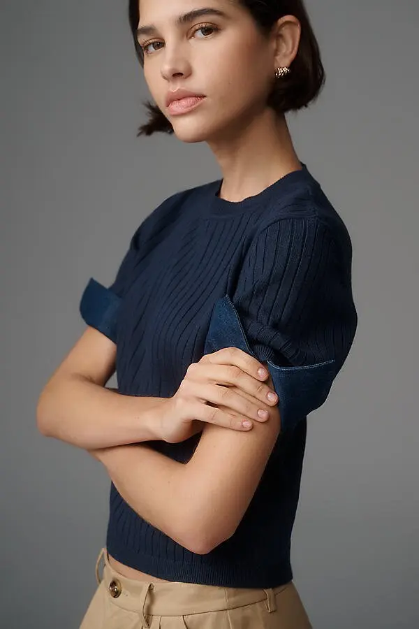 Maeve Fitted Mixed-media Denim Cuffed Short-sleeve Sweater