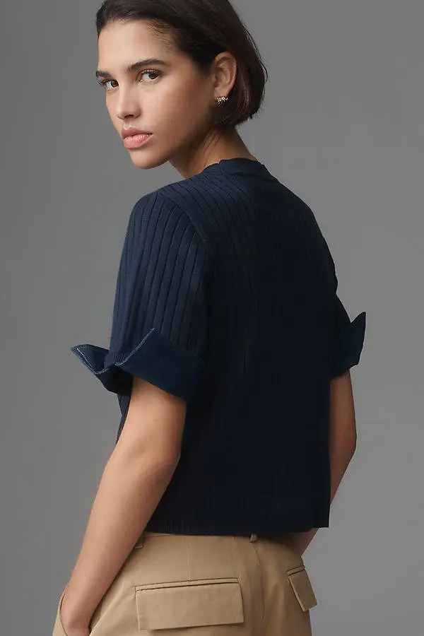 Maeve Fitted Mixed-media Denim Cuffed Short-sleeve Sweater