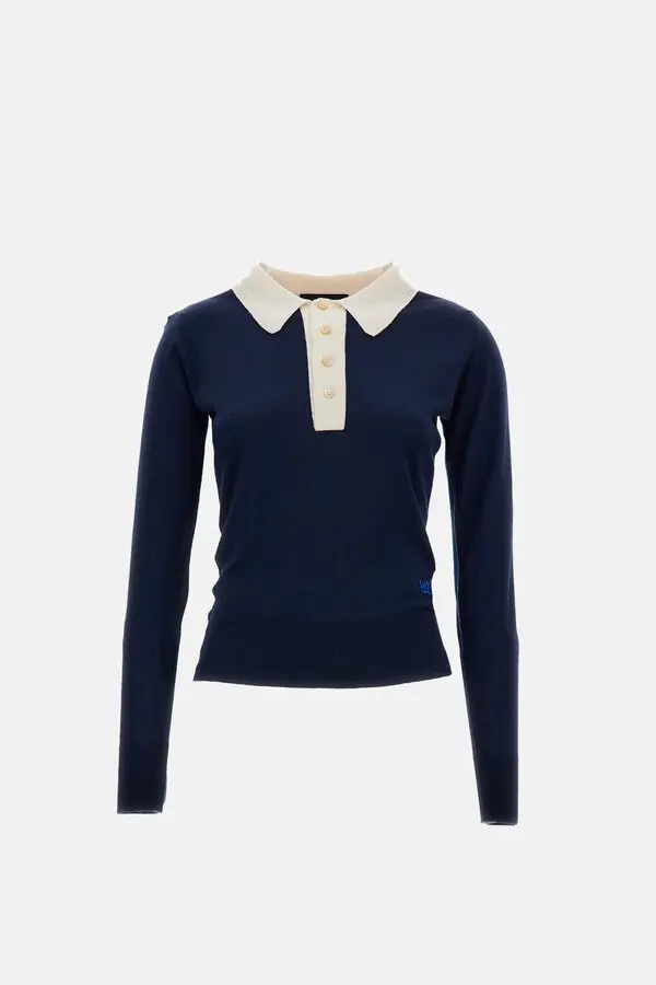 WALES BONNER Long-sleeved Merino Wool Polo Shirt - Blue