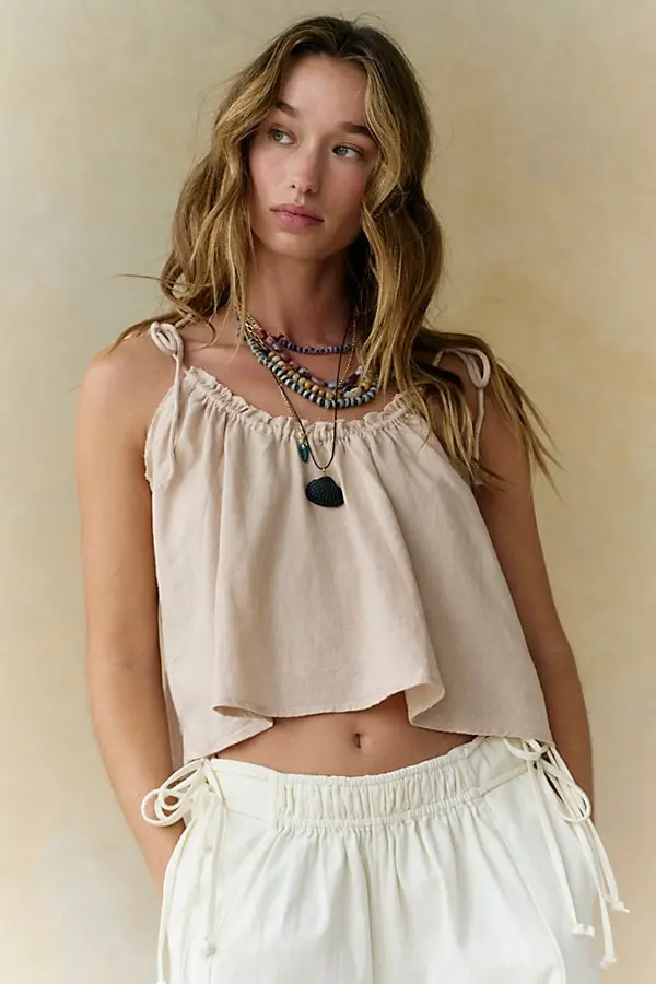 Free People Orly Sandshell Linen Tank - Peachy Almond