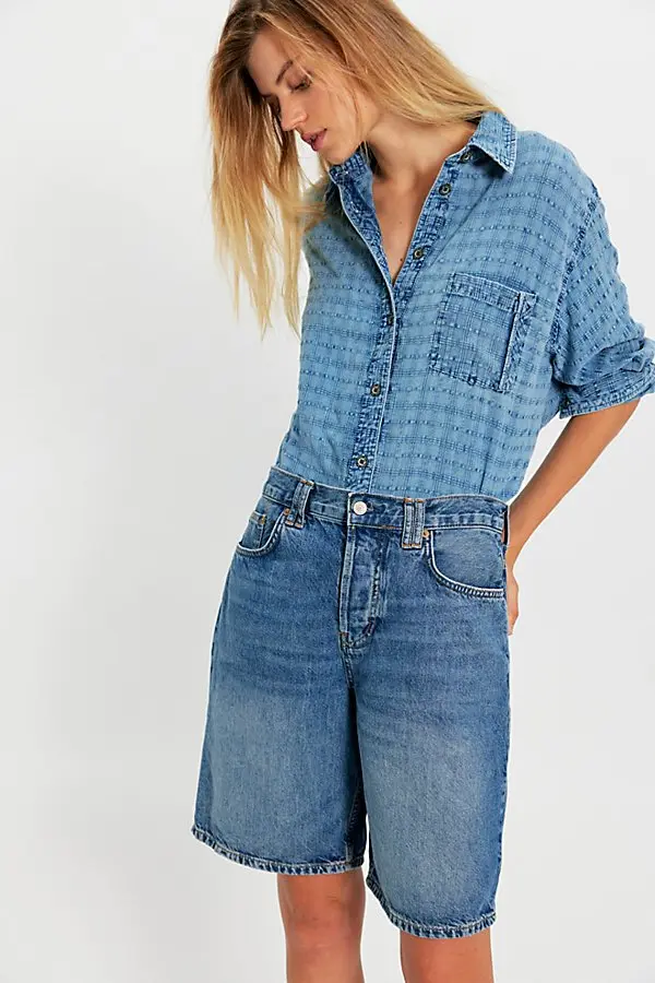 Free People We The Free Sabine Indigo Dobby Button Down